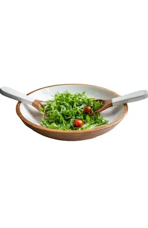 JEANNE FITZ Wood + White Collection Large Salad Bowl & Servers Set - White/brown