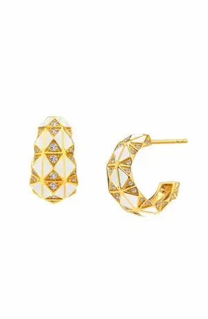 SYNA JEWELS 18k Yellow Gold Diamond And Enamel Hoop Earrings - White Enamel