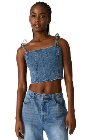 Steve Madden Meaghan Seamed Cotton Blend Denim Crop Top