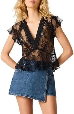 Steve Madden Leyla Sheer Lace Top - Black