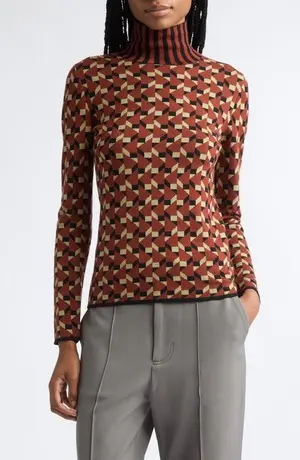 ZANKOV Merino Wool Geometric Jacquard Mock Neck Sweater - Brown