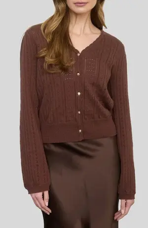 ZOE AND CLAIRE Pointelle Cotton Cardigan - Brown