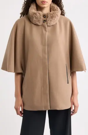 Via Spiga Faux Fur Collar Cape - Latte