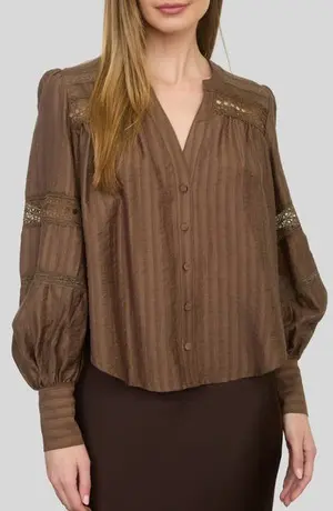 ZOE AND CLAIRE Lace Detail Button Front Stripe Top - Brown