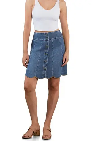 WASH LAB DENIM Scalloped Hem Button-front Miniskirt - Shine Blue
