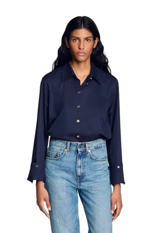 Sandro Cotton Shirt With Wide Cuffs - Navy Blue