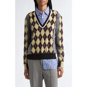 ZANKOV Colorblock Argyle Merino Wool V-neck Sweater - Grey Melange Multi
