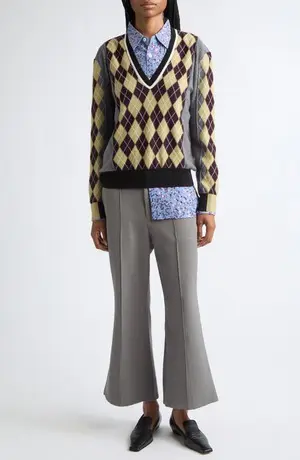 ZANKOV Colorblock Argyle Merino Wool V-neck Sweater
