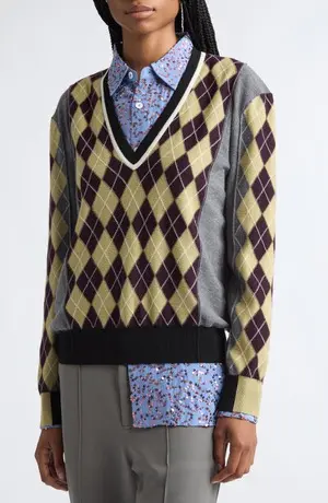 ZANKOV Colorblock Argyle Merino Wool V-neck Sweater