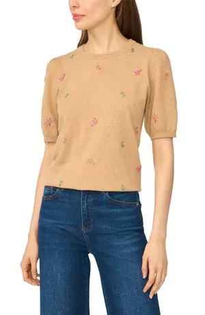 CECE DUPRAZ Beaded Short Sleeve Crewneck Sweater - Latte Heather