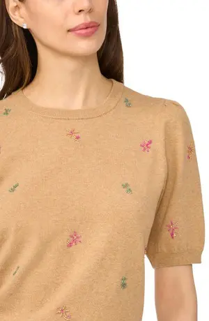CECE DUPRAZ Beaded Short Sleeve Crewneck Sweater - Latte Heather