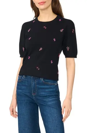 CECE DUPRAZ Beaded Short Sleeve Crewneck Sweater Rich Black