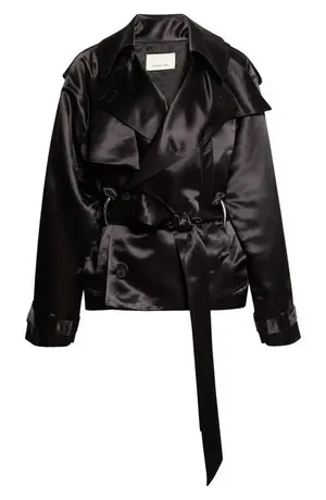 GRACE LING Claw Crop Liquid Satin Trench Coat - Black