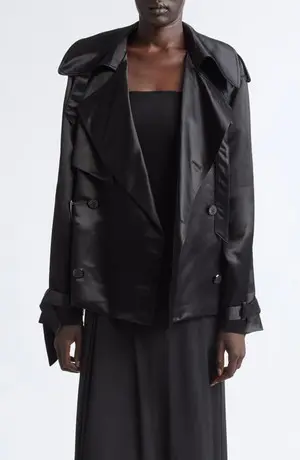 GRACE LING Claw Crop Liquid Satin Trench Coat - Black