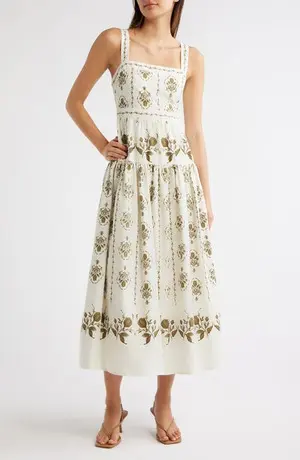 Moon River Print Sleeveless Midi Dress - Beige Multi