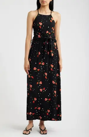 Loveappella Floral Print Apron Maxi Dress - Black/red