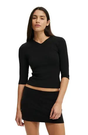 COTTON ON 90s V Neck ¾ Sleeve Black