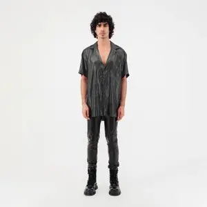 UCHÈ Satin Button Up Short Sleeve Shirt