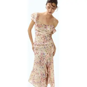 H&M Asymmetric Floral Chiffon Midi Dress - Light Beige/floral