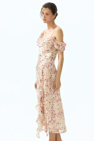H&M Asymmetric Floral Chiffon Midi Dress - Light Beige/floral