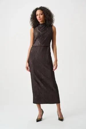 Joseph Ribkoff Pleated Satin Sleeveless Midi Dress - Mocha