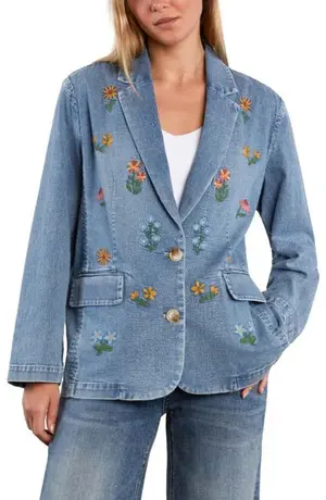 BILLY T Embroidered Floral Blazer - Denim