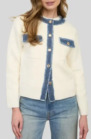 ZOE AND CLAIRE Cropped Knit Jacket With Frayed Denim Trim - Ivory Denim