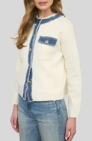 ZOE AND CLAIRE Cropped Knit Jacket With Frayed Denim Trim