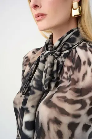 Joseph Ribkoff Chiffon Animal Print Boxy Top With Bow Tie