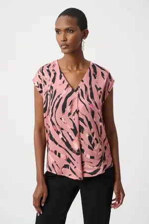 Joseph Ribkoff Textured Satin Animal Print Boxy Top - Pink/multi