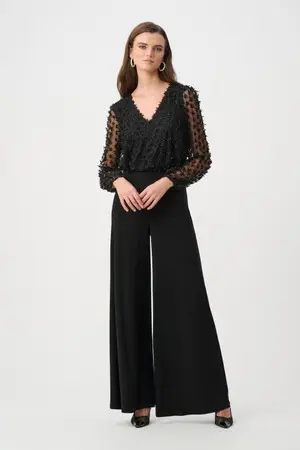 Joseph Ribkoff Silky Knit And Sheer Novelty Wide Leg Jumpsuit - Black