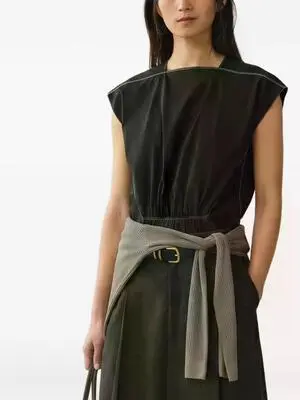 LESS Peplum Hem Blouse With Contrast Stitching - Black