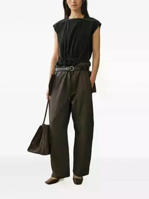 LESS Peplum Hem Blouse With Contrast Stitching - Black
