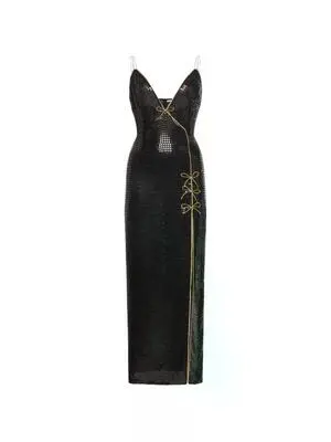 Alessandra Rich Sequined V-neck Maxi Dress With Bow Detail And Side Slit