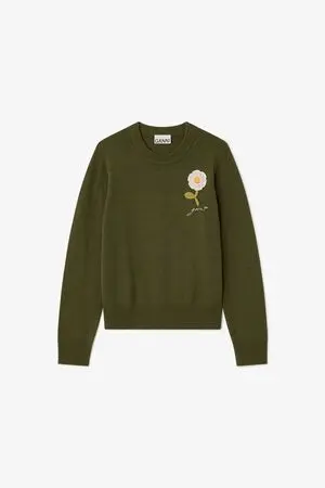 GANNI Sweater With Crochet Flower - Green
