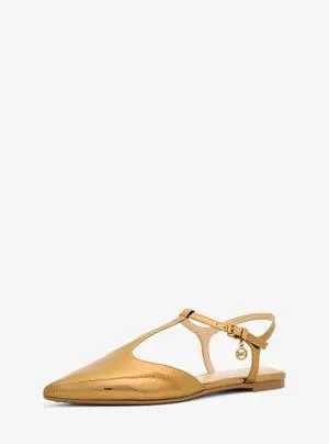 Michael Kors Cherie Snake Embossed Metallic Leather T-strap Flat - Gold