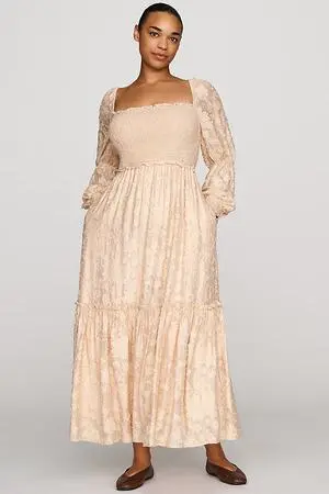 Anthropologie Tiered Puff Sleeve Midi Dress - Beige