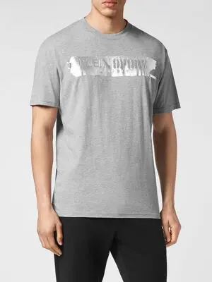 PLEIN SPORT Cotton Crew Neck T-shirt With Contrast Laminated Logo Grey