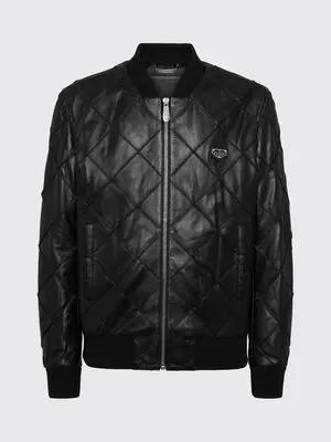 Philipp Plein Quilted Leather Bomber Jacket With Zip Closure And Applied Logo - Black 1