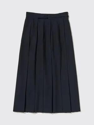 Auralee Pleated Merino Wool Midi Skirt With Adjustable Belt