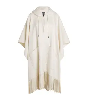 Colombo Cashmere Hooded Cape With Fringe Trim - White