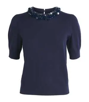 Ulla Johnson Merino Wool Sequin Embellished T-shirt - Navy