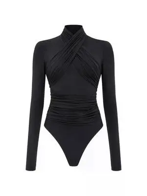 Wardrobe.NYC Ruched Crossover Bodysuit - Black