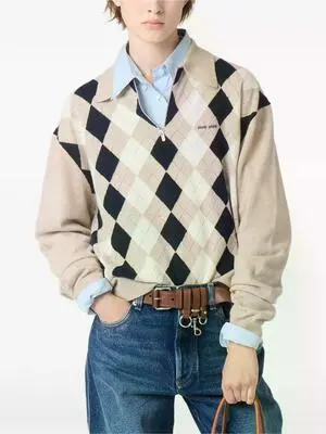 Miu Miu Argyle Intarsia Quarter-zip Cashmere Sweater - Neutrals