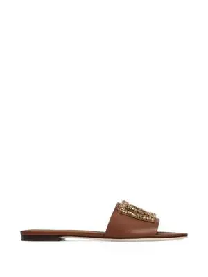 Dolce & Gabbana Flat Slides In Calfskin With Embroidery - Brown