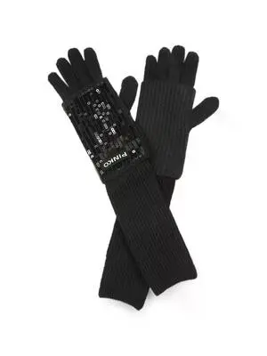 Pinko Sequin-embellished Ribbed-knit Gloves - Black