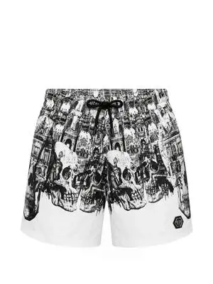 Philipp Plein Skull Hotel Print Swimming Shorts - White
