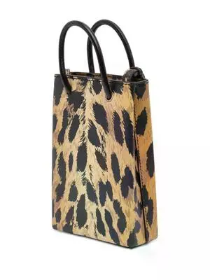 Balenciaga 2020 Mini Leopard Print Logo Shopping Phone Holder Satchel - Brown