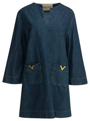 Valentino Garavani Cotton Kaftan Top With Kimono Sleeves And Pockets - Blu