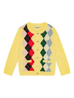 GANNI Round-neck Long-sleeve Cardigan With Checkered Pattern, Silver Button Closure & Pockets